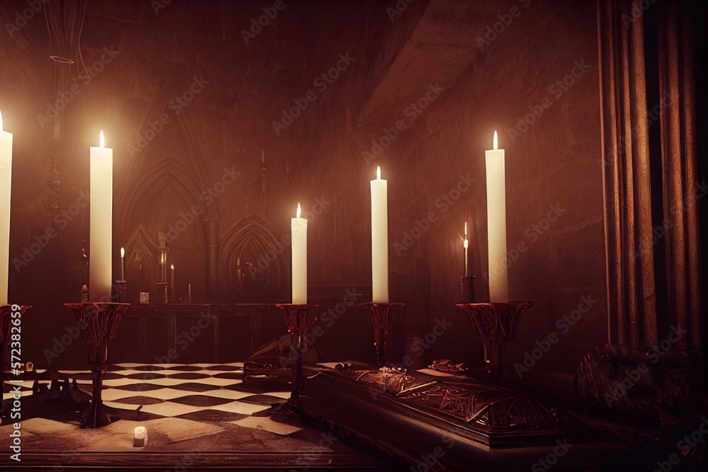 interior of Dracula castle, victorian furnitures and coffin illuminated ...
