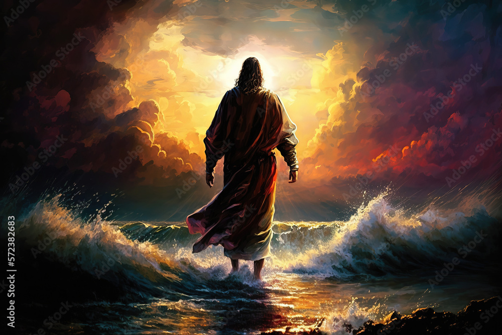The figure of Jesus walks on water on a beautiful dramatic sunset ...