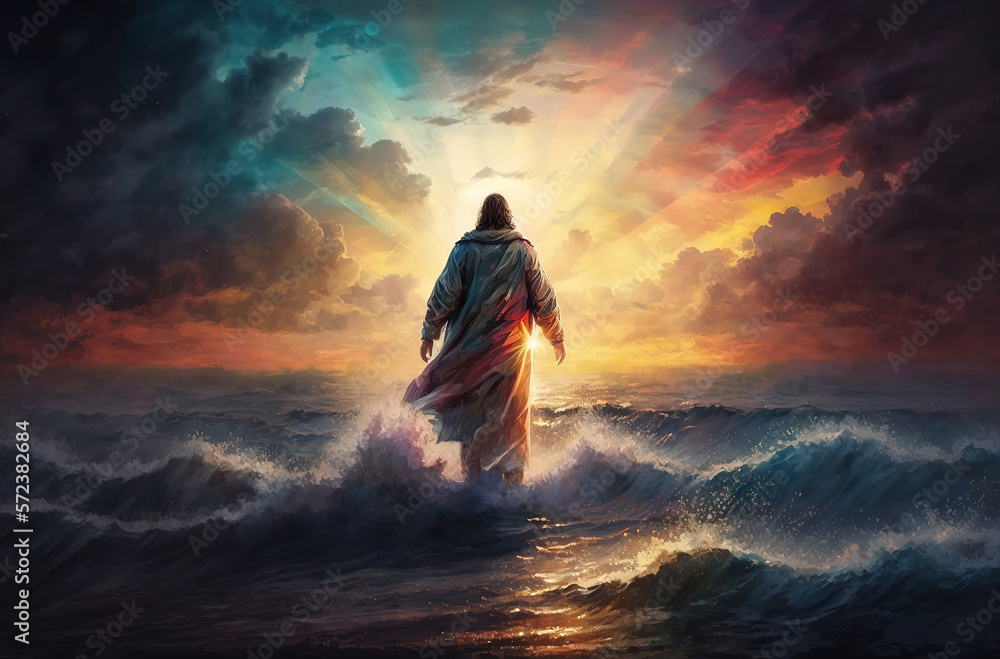 The figure of Jesus walks on water on a beautiful dramatic sunset ...
