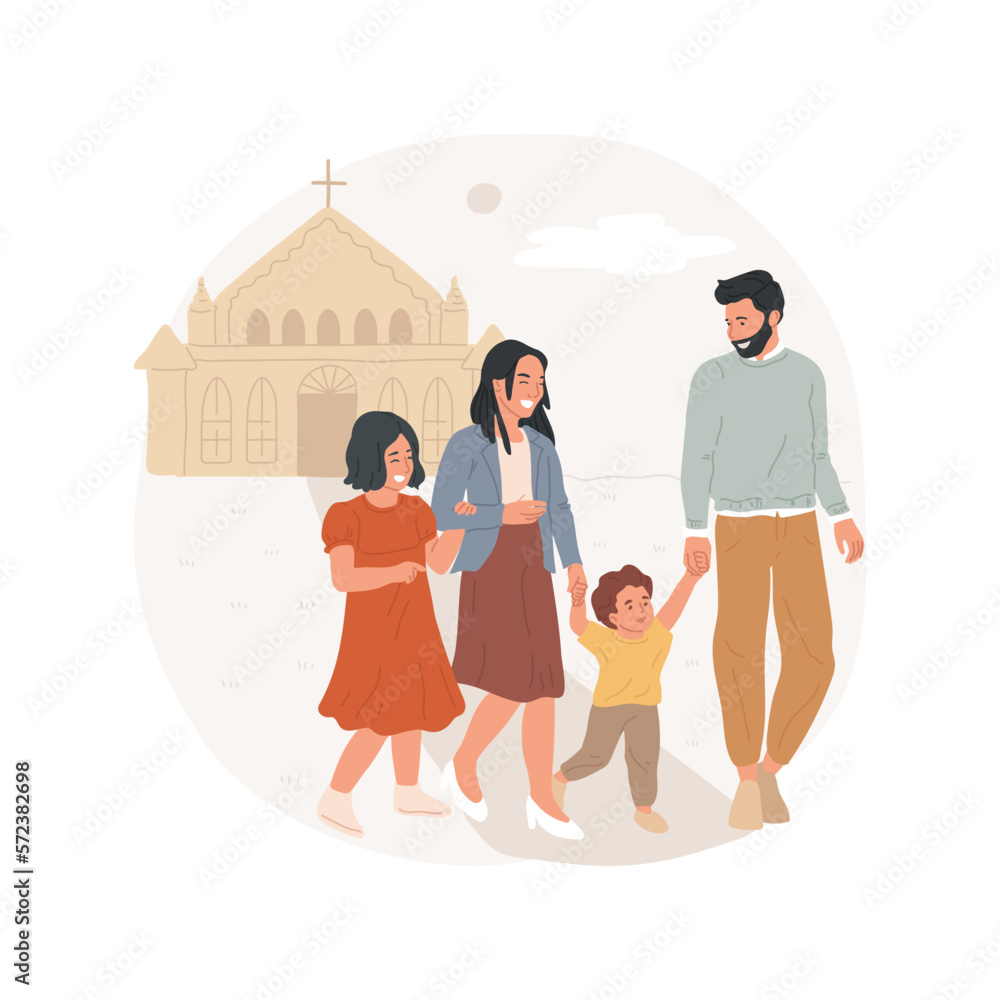 Attending church isolated cartoon vector illustration. Family with kids ...