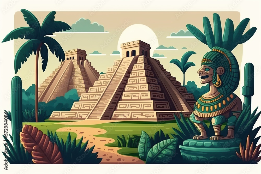 cartoon illustration, aztec city with mayan pyramids and statues, ai ...