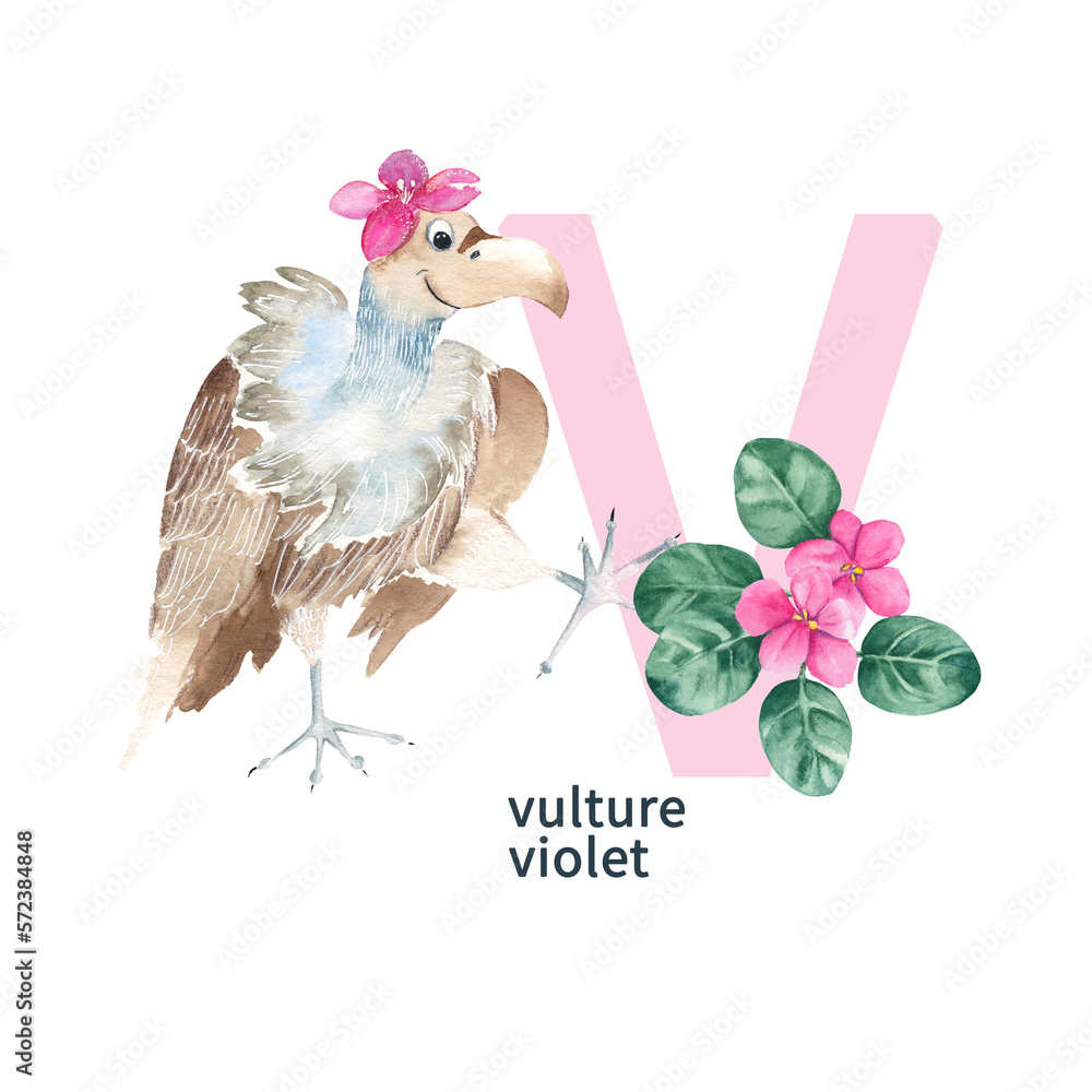 Letter V, vulture and violet flower, cute kids animal and flower ABC ...