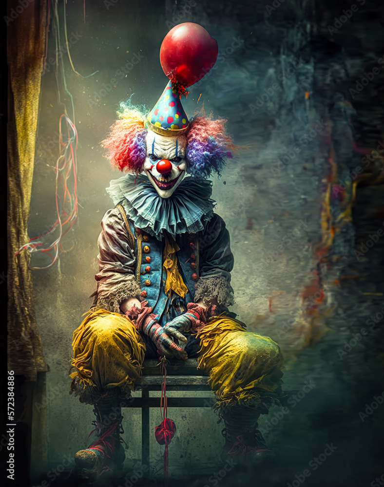 Clown with a painted face, evil sinister creepy clown sitting on bench ...