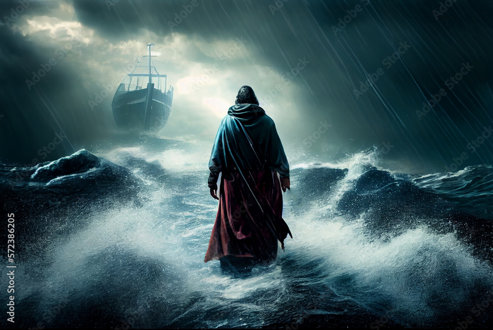 Jesus walks on water across the sea towards a boat during a storm ...