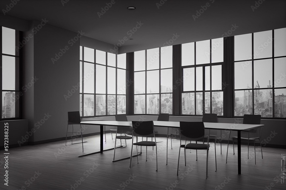 Stylish meeting room interior with table and panoramic window. Mockup ...