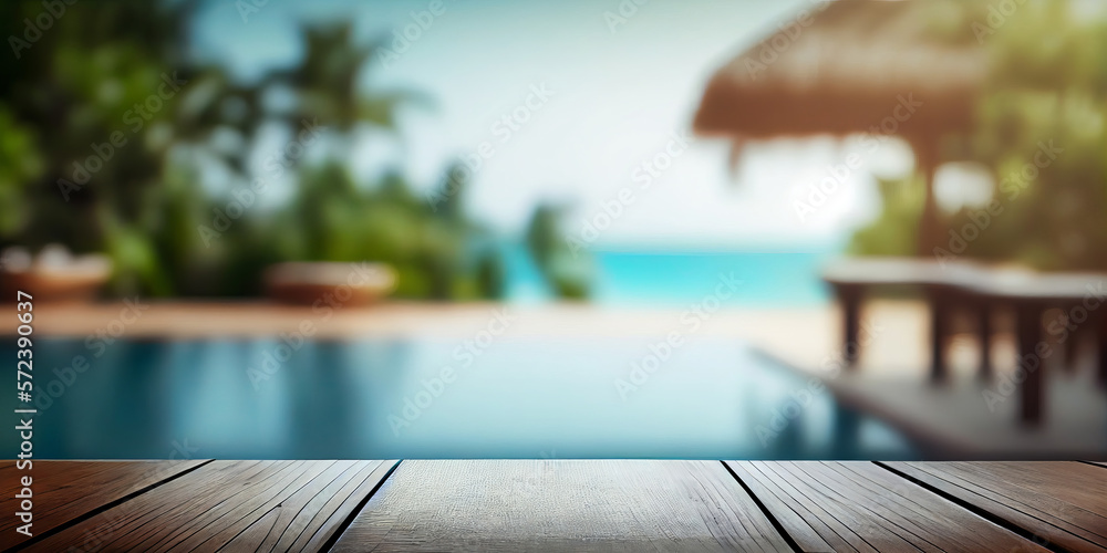Empty wooden surface with summer travel hotel swimming pool background ...