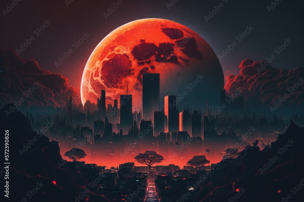 Full blood moon above the city with skyscrapers. skyline. A total lunar ...