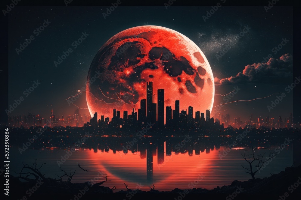 Full blood moon above the city with skyscrapers. skyline. A total lunar ...