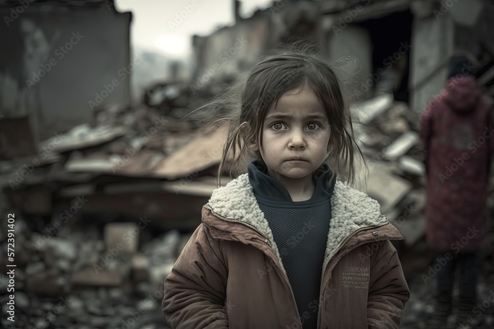 a sad girl standing in front of collapse buildings area, natural ...