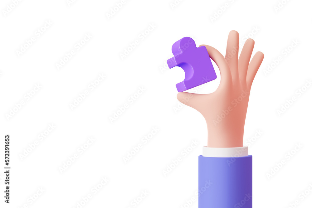 3D Cartoon hands connecting. Hand hold puzzle pieces. Purple blue color ...