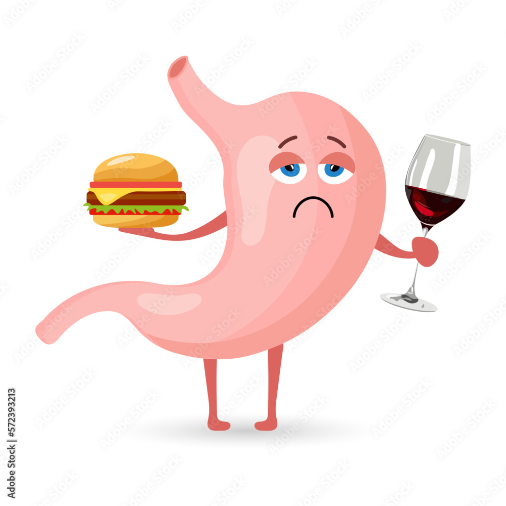 Unhealthy human stomach character is holding burger and alcohol. Food ...