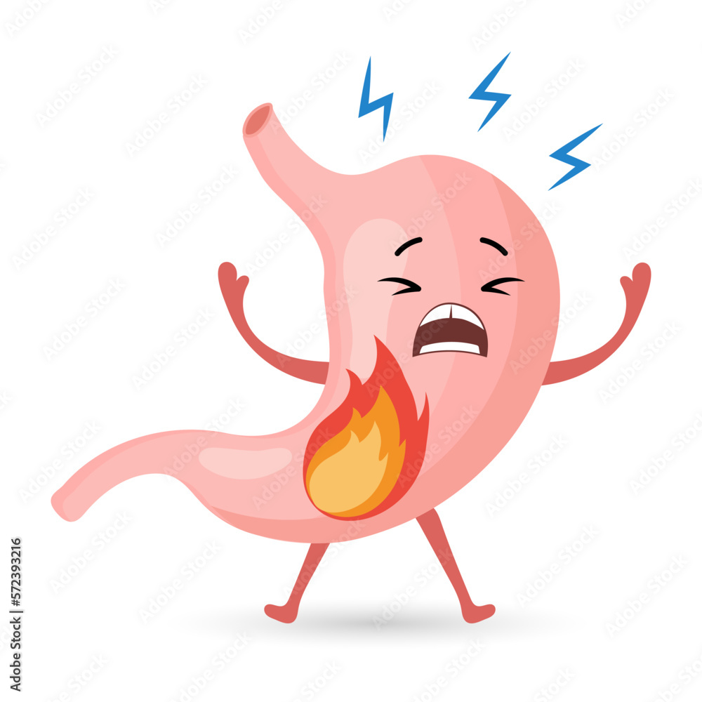 Unhealthy human stomach character suffering from heartburn. Food ...