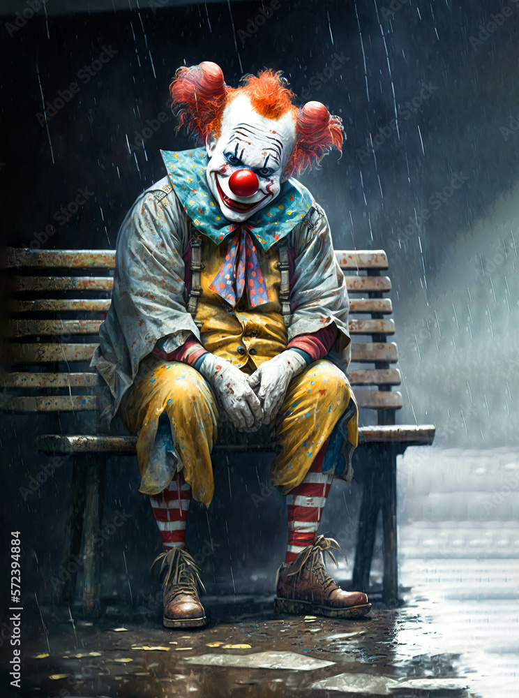 Clown with a painted face, evil sinister creepy clown sitting on bench outside at night in the ...