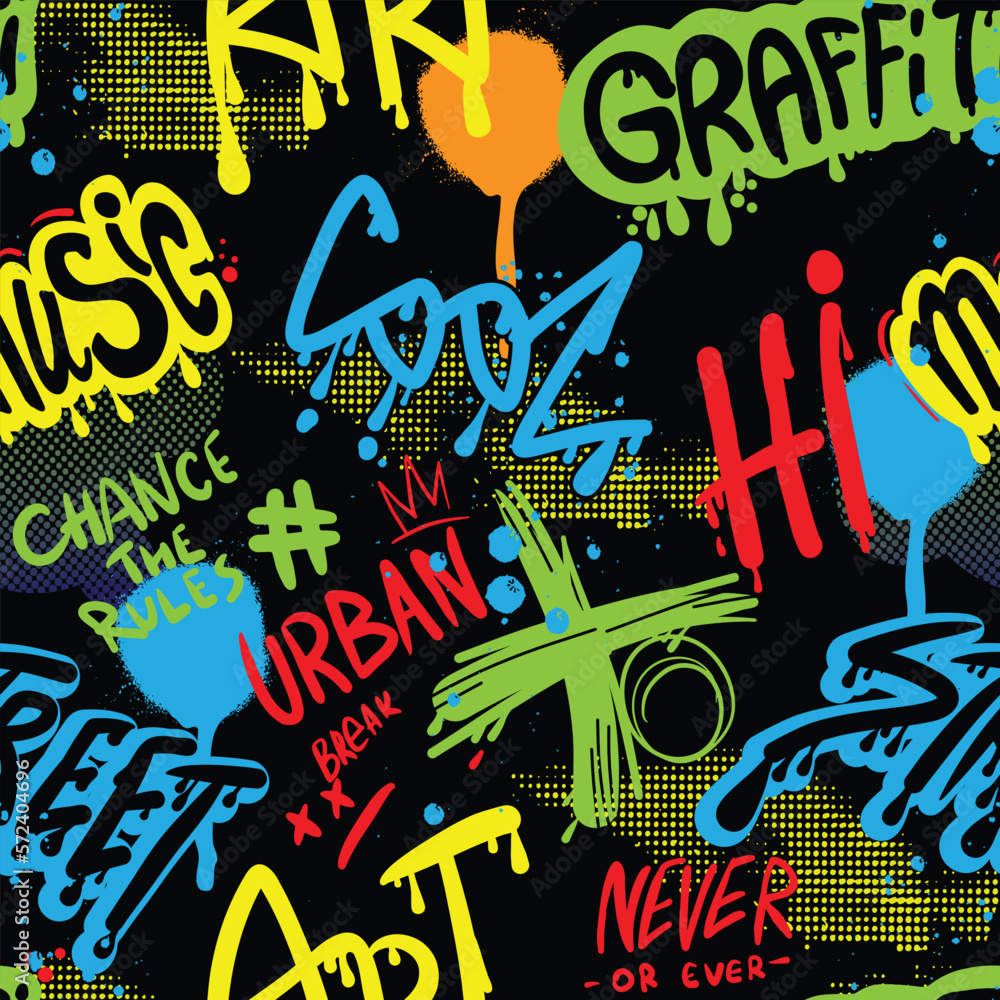 Abstract bright graffiti pattern. With bricks, paint drips, words in ...