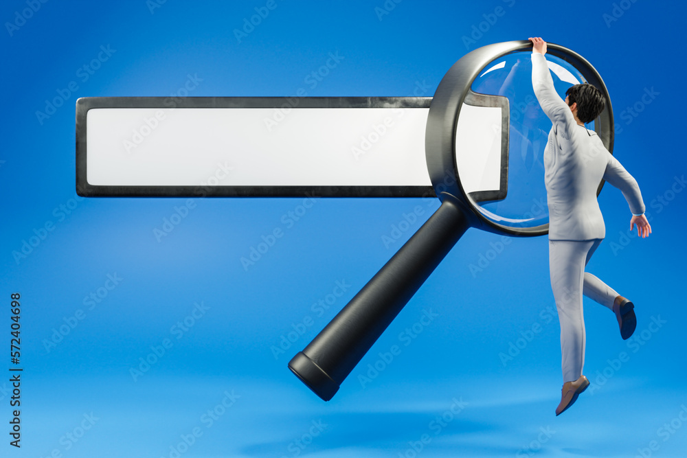 floating search box with businessman hanging on large magnifying glass ...
