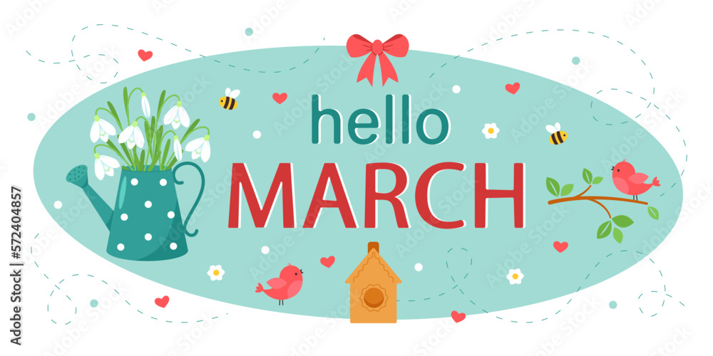 Hello March. Greeting card with a spring theme. Cute birds on a branch ...