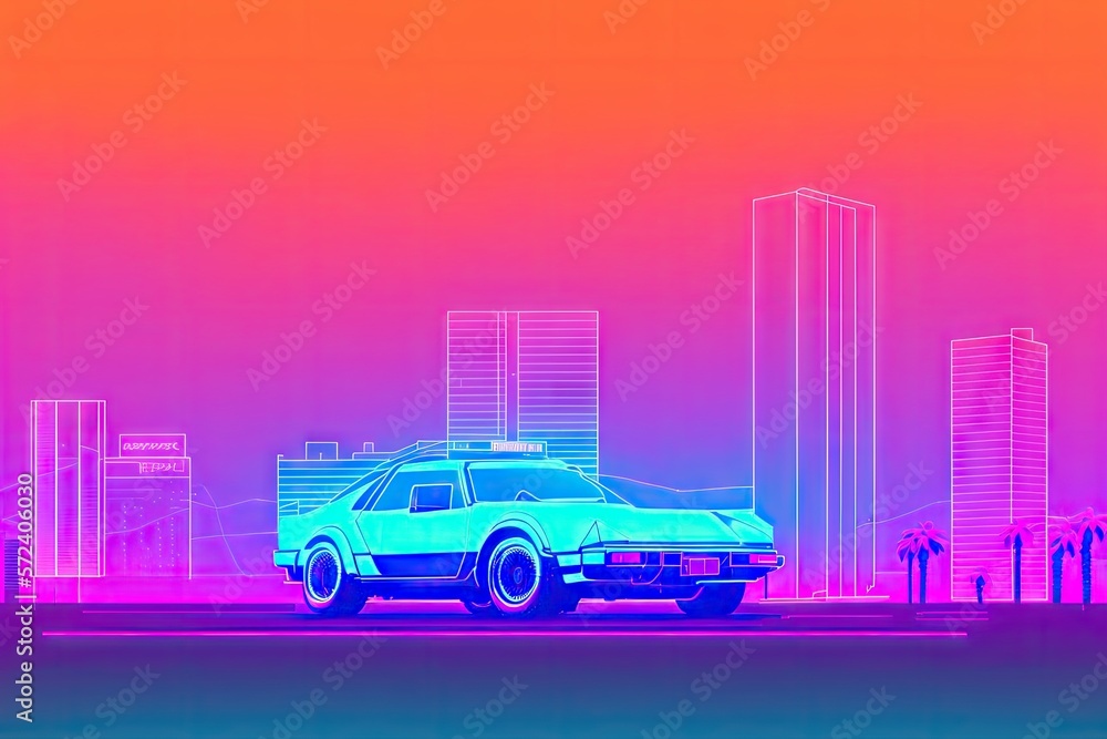 80s retro futuristic drive, vintage car. Synthwave sci-fi landscape ...