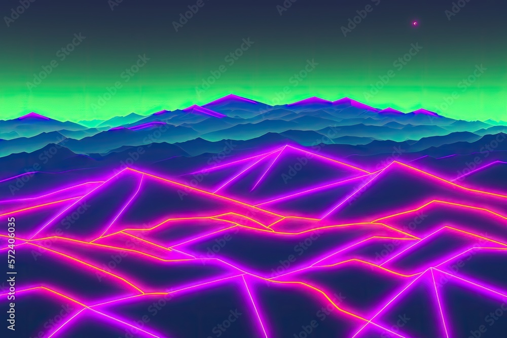 80s synthwave styled landscape, retrowave wireframe mountains, neon ...