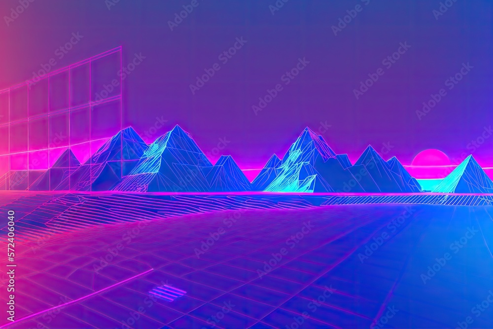 80s synthwave styled landscape, retrowave wireframe mountains, neon ...