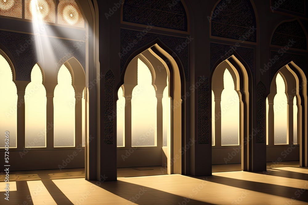 Islamic background painting. Mosque and shadows. Light rays from mosque ...