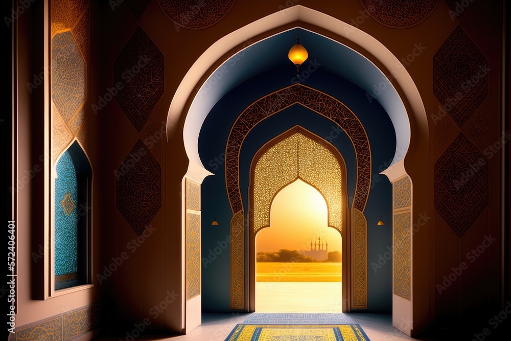 Islamic background painting. Mosque and shadows. Light rays from mosque ...
