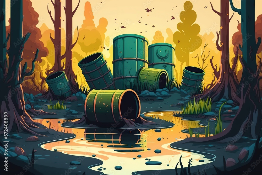 cartoon illustration, dirty toxic, swamp with sewage, pipes and barrels ...