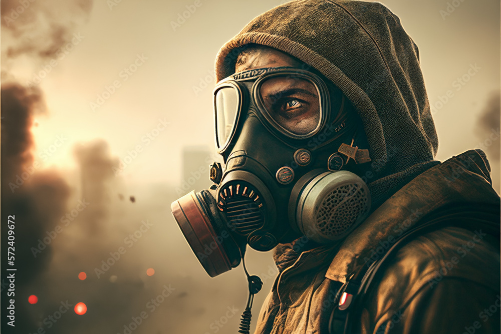 Gas mask on a man's face in Smog with smoke. Environmental disaster and ...