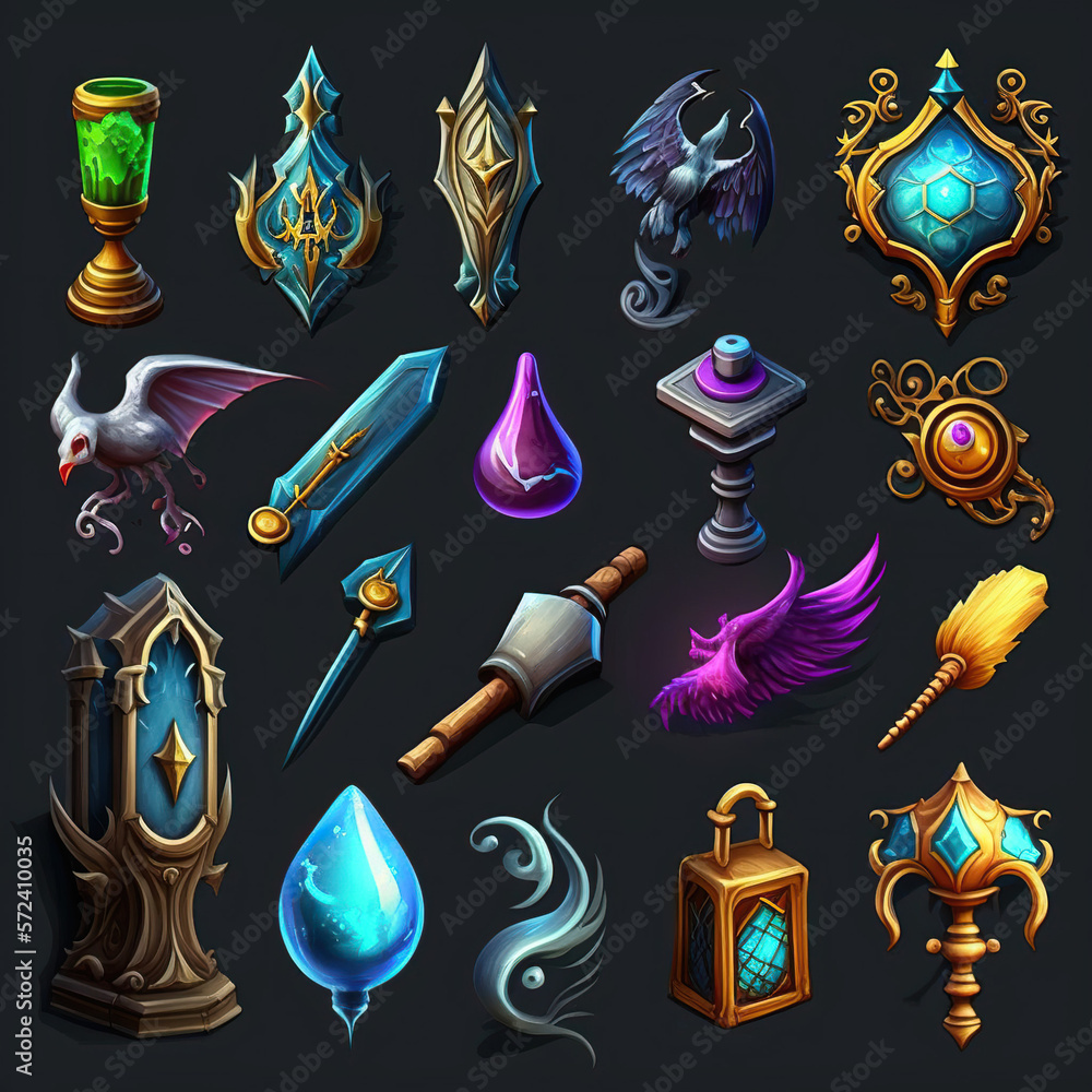 set of 2d sprite for videogames - rpg style - magic - fantasy Stock ...