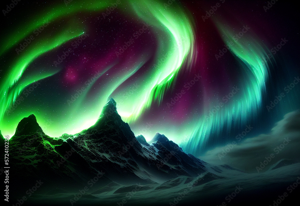 Northern lights over the sea, snowy mountains in aurora Polaris night ...