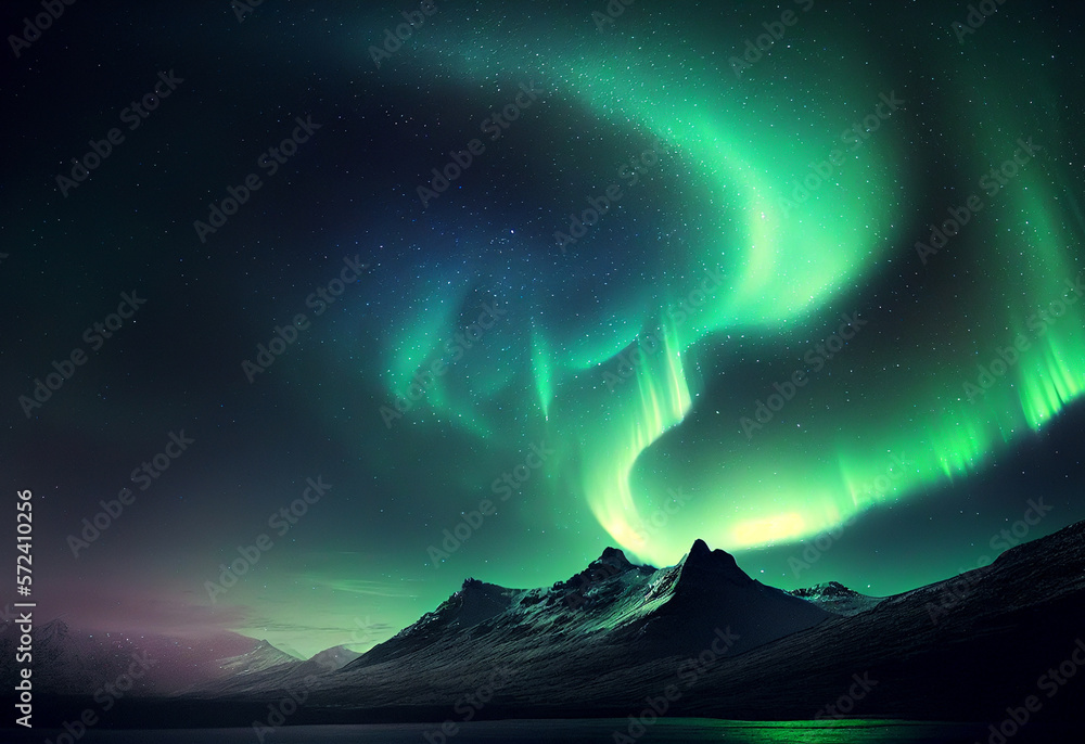 Northern lights over the sea, snowy mountains in aurora Polaris night ...