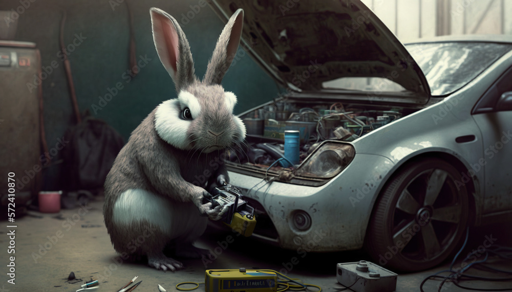 rabbit fixing a car in a workshop Stock Illustration | Adobe Stock