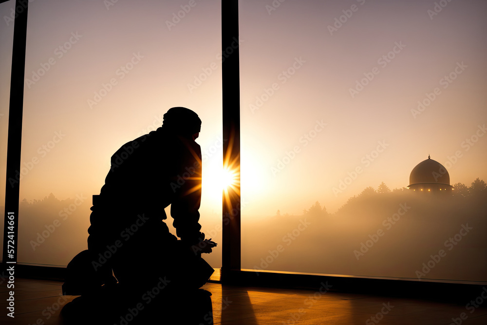 Muslim praying in a mystical environment, silhouette photo, no face ...