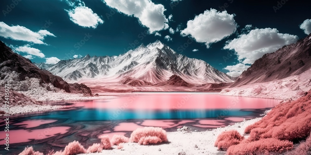 Abstract, beautiful pink landscape. Pink mountains and forests above ...