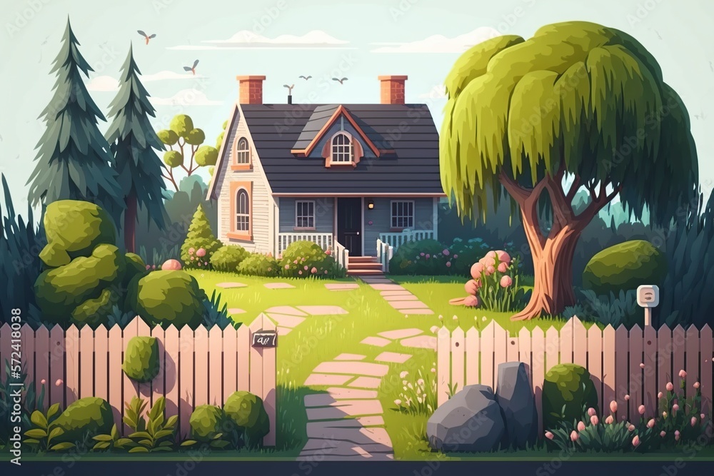 cartoon illustration, backyard of house or cottage yard with paved ...