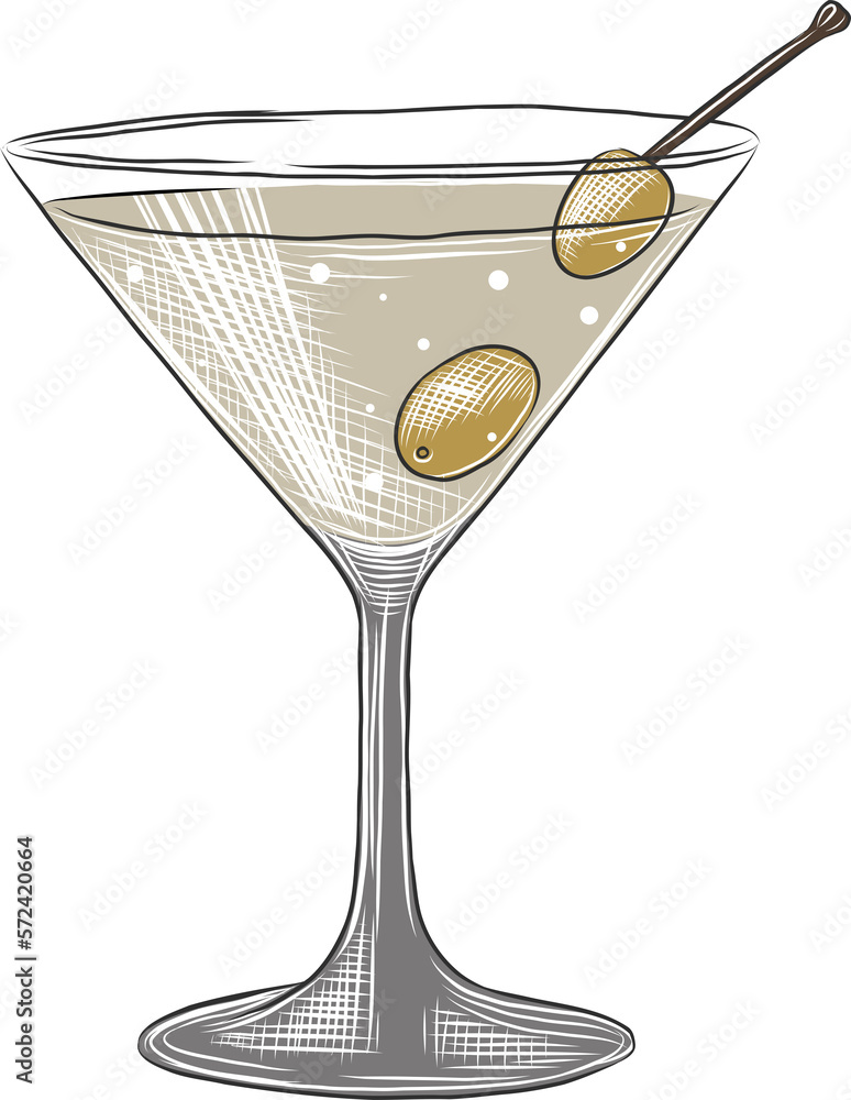 PNG engraved style Martini alcoholic cocktail illustration for posters ...