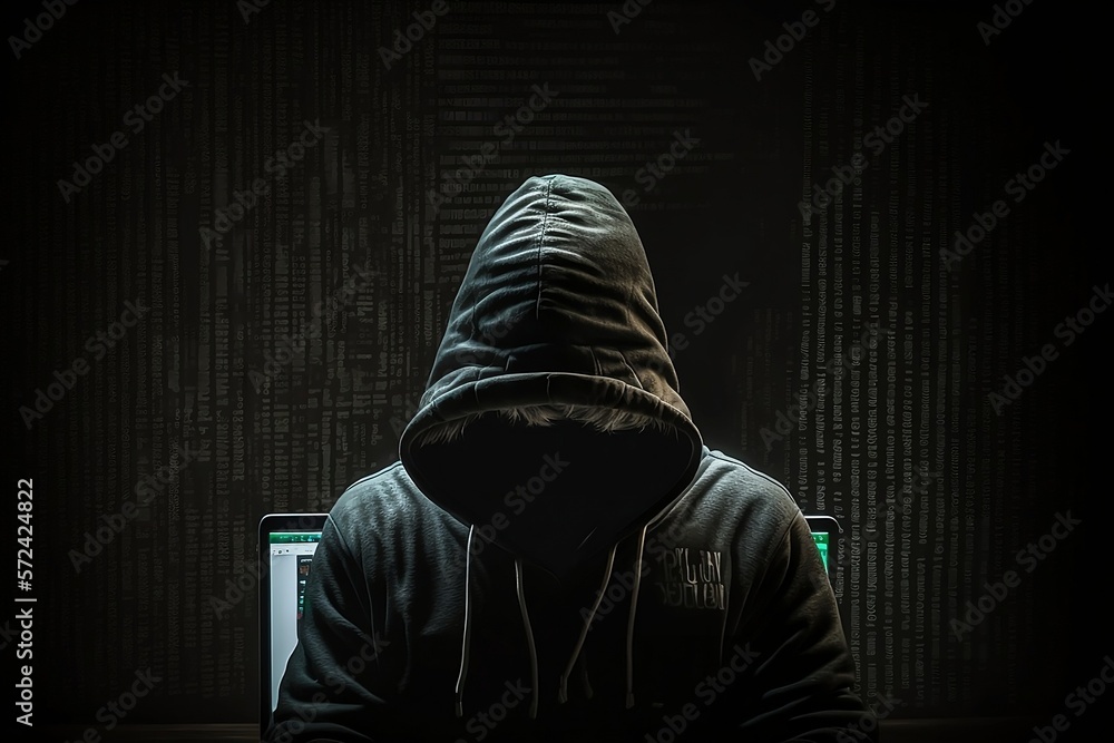 faceless hacker in a black hoodie looking at a computer screen, dark ...