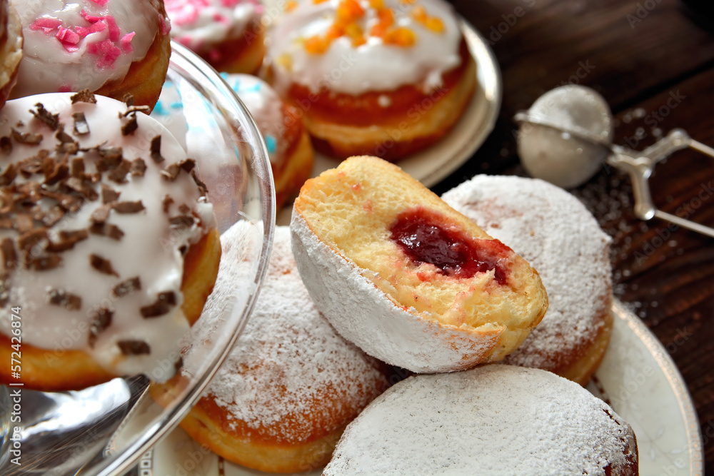 Preparing many types of donuts for traditional party Fat Thursday or ...
