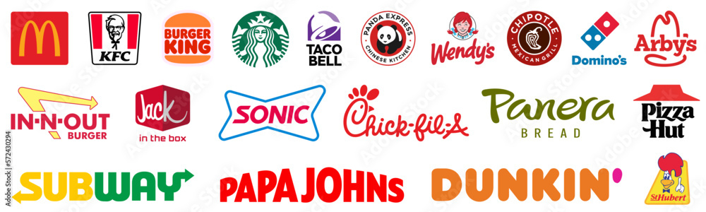 Kiev, Ukraine - February 16, 2023: Set top most popular fast food ...