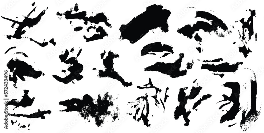 Black smears silhouette spot with droplets, smudges, stains, splashes ...