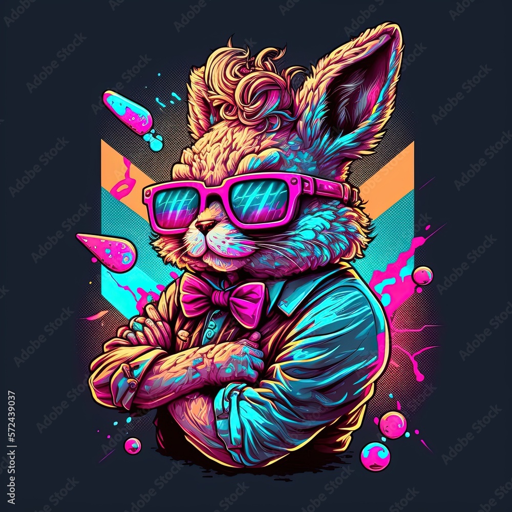 Retrowave disco rabbit wearing sunglasses, for poster and flyer ...
