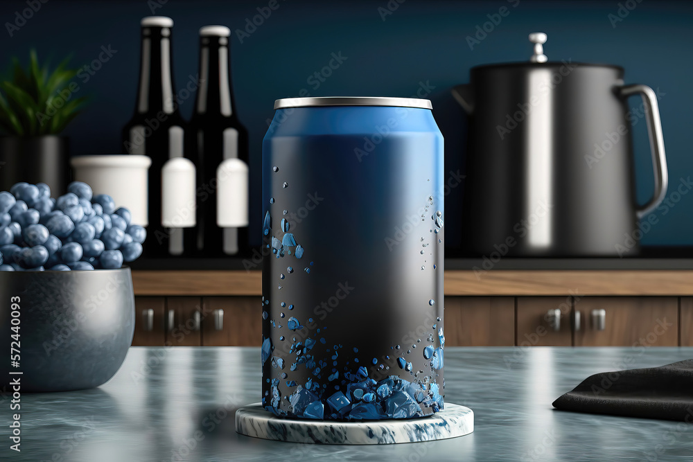 mettalic mockup of blank black and blue chilled cold can panner Stock ...