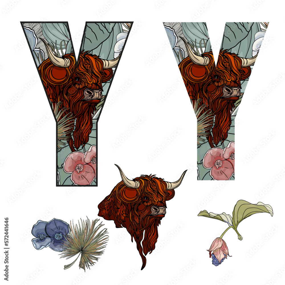 Tropical exotic letter Y, animal yak, flowers and leaves. Cute cartoon ...