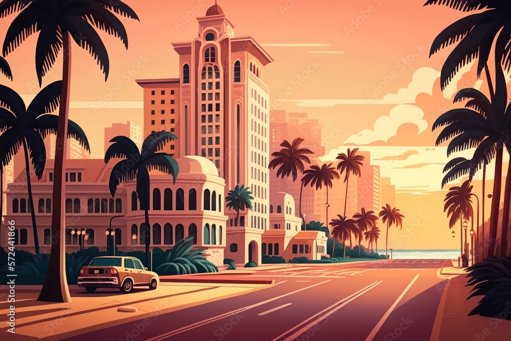 cartoon illustration, street in miami with hotels, sandy beach and palm ...