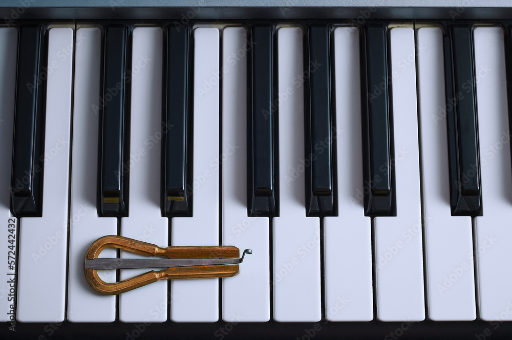 Ethnic jew's harp lies on the piano keys. Close up top view of musical ...
