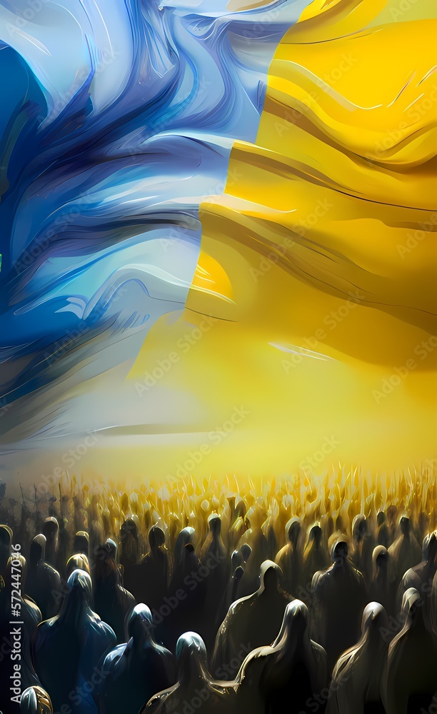 People and Ukranian flag. Ukraine theme background. Blue and yellow ...