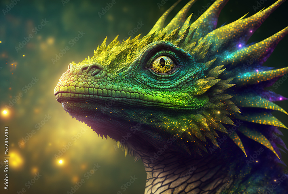 Dragon in lime green color hues, celestial background, friendly dragon ...