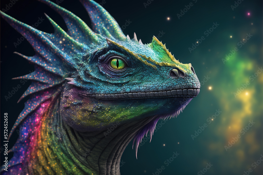 Dragon rainbow hues, celestial background, friendly dragon, esoteric ...
