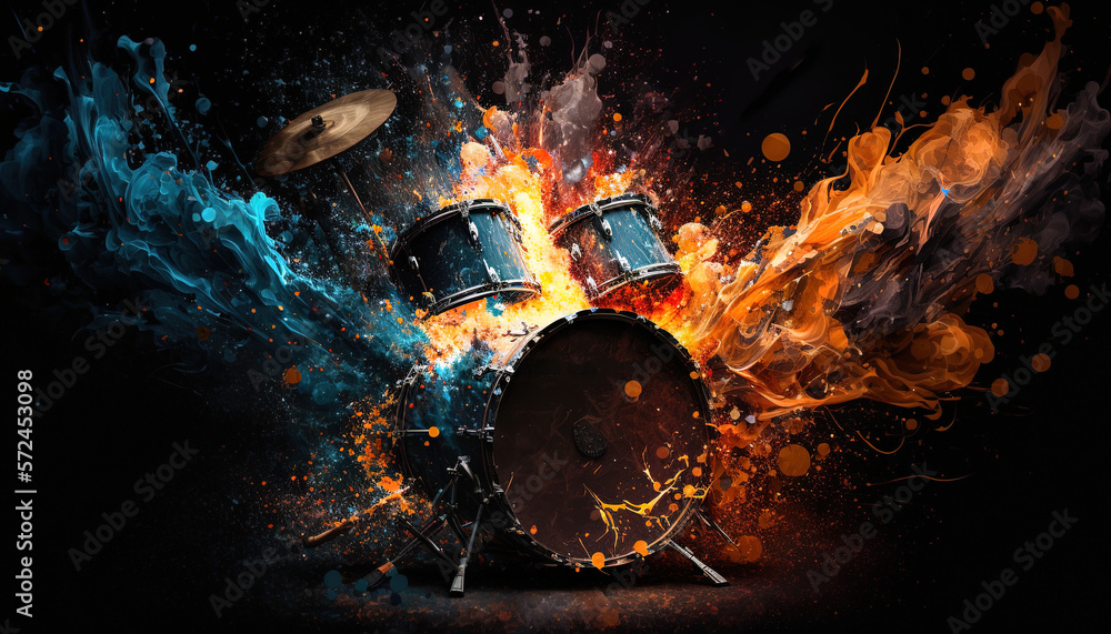 Drum kit with rainbow paint energetic explosion, Generative AI. Stock ...