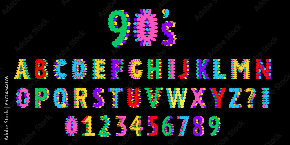 90s or Y2K retro font with 3D imitation. Bright colorful alphabet ...