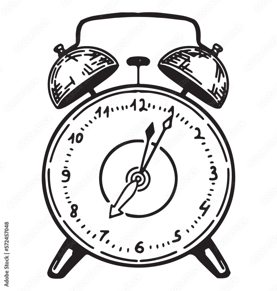 Alarm clock sketch. Classic clock home device outline clipart. Hand ...
